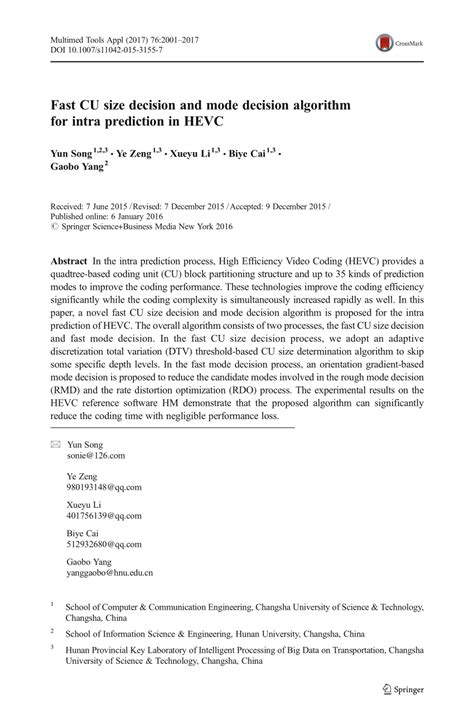 Pdf Fast Cu Size Decision And Mode Decision Algorithm For Intra