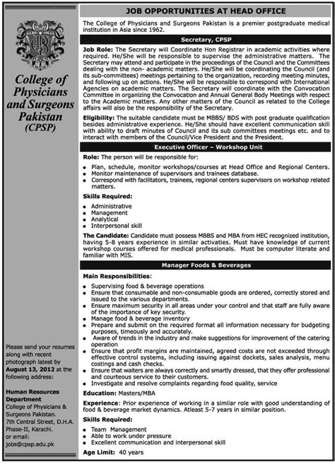 Jobs At College Of Physicians And Surgeons Pakistan Cpsp In Karachi