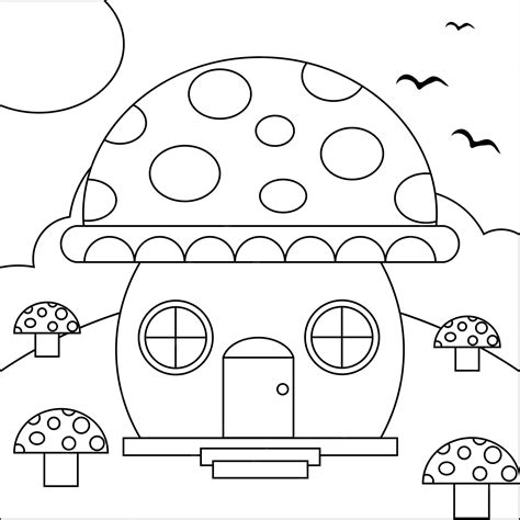 버섯 집 아이들 컬러링 페이지 프리미엄 벡터