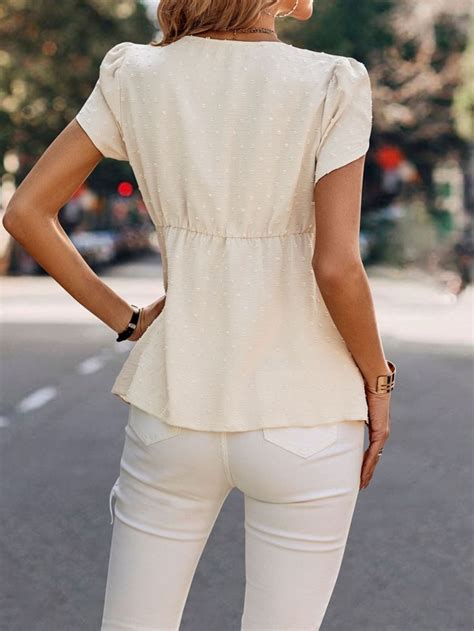 Swiss Dot Petal Sleeve Tie Neck Peplum Blouse SHEIN USA