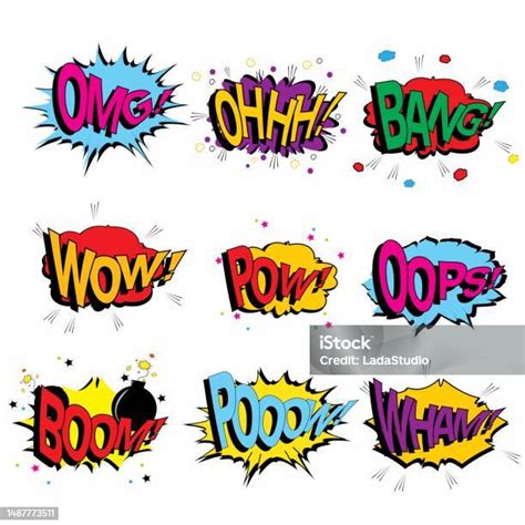 만화 컬렉션 컬러 음향 효과 단어 팝 아트 벡터 스타일 만화 거품 연설 단어 만화 만화 표현 그림을 설정합니다 글자 문구 Brand Name Online Messaging