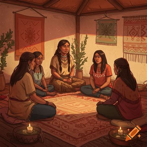 Illustration Of Indigenous Women Sitting In A Circle Indoors On A Rug