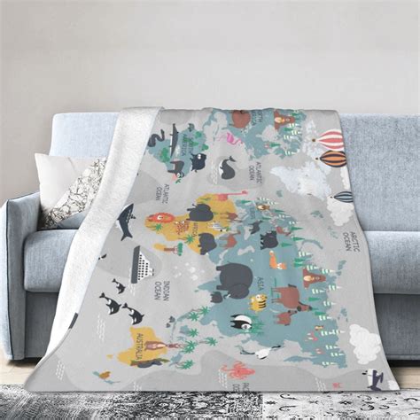 Ocsxa Flannel Fleece The World Map With Cartoon Animals Print Throw