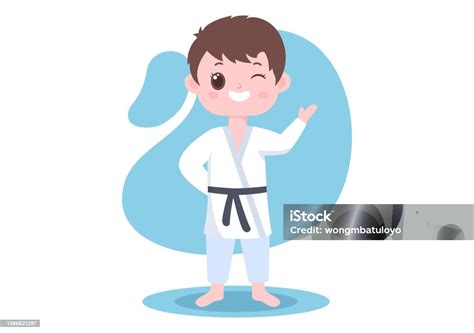 귀여운 만화 아이들은 몇 가지 기본 가라데 무술 움직임을하고 포즈를 싸우고 평평한 스타일 배경 벡터 일러스트레이션에서 기모노를