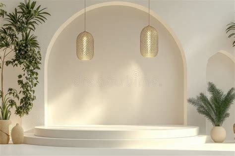 A Minimalist Interior Space With Arches Plants And Decorative Lighting Stock Illustration