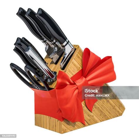 빨간 리본 및 활 나무 블록의 주방 칼 흰색 배경에 고립 된 3 차원 렌더링 부엌 칼에 대한 스톡 사진 및 기타 이미지 부엌 칼 선물 3차원 형태 Istock