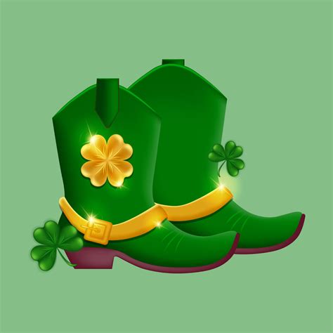 A Pair Of Green Leprechaun Boots With Gold Buckles And A Shamrock