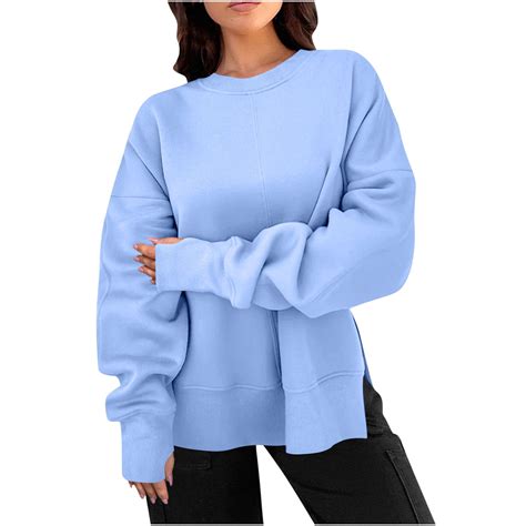 Akoee Cotton Fleece Pullover Womens Split Hem Oversized Sweatshirt Long