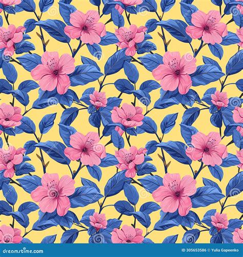 pink flower and blue leaves repeat pattern on yellow background tile