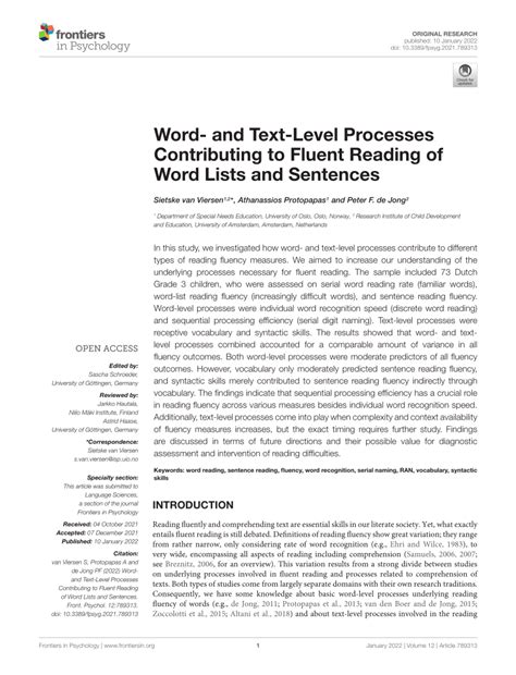 Pdf Word And Text Level Processes Contributing To Fluent Reading Of Word Lists And Sentences