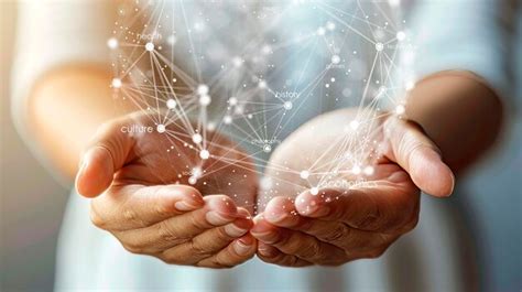 Duas mãos cobrindo uma rede de pontos e palavras conectados um
