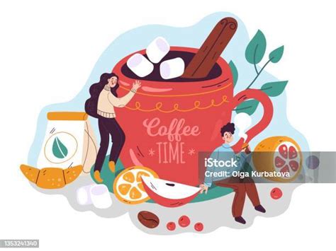 작은 뜨거운 음료 계피와 마시멜로 작은 카푸치노 애호가 아침 매운 에스프레소 차 와 크루아상 카페 마시는 음료 벡터 개념의 사람들 큰 컵 핫 초콜릿 계피에 대한 스톡 벡터