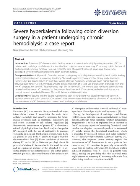 Pdf Severe Hyperkalemia Following Colon Diversion Surgery In A Patient Undergoing Chronic