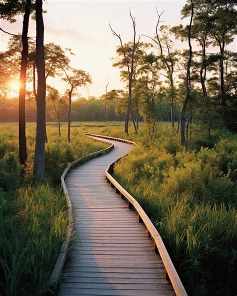 Premium Photo Wooden Boardwalk Meandering Verdant