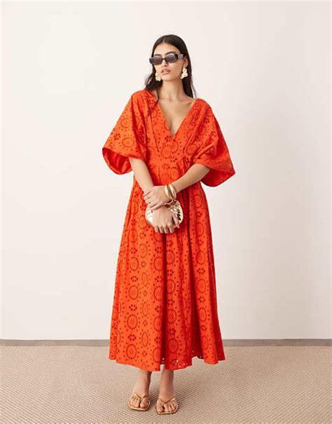 Asos Edition Eyelet Wide Sleeve Plunge Midi Dress In Red Asos