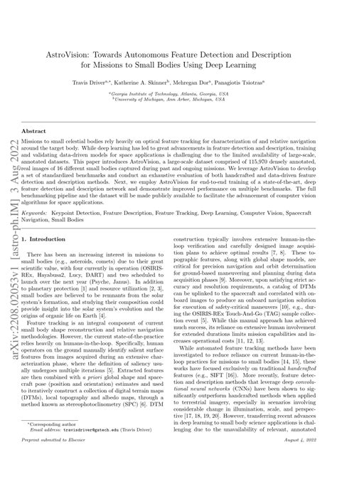 Pdf Astrovision Towards Autonomous Feature Detection And Description For Missions To Small