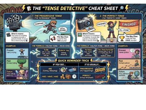 Progressive And Perfect Tenses Cheat Sheet Poster Engaging Comic Style