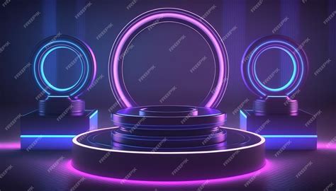 미래 포털 공상 과학 연단 받침대 플랫폼 현대 빈 사이버 펑크 공간 기술적 배경 프레젠테이션 제품 Ai를 위한 Skyfi 디지털 하이테크 요소 프리미엄 사진