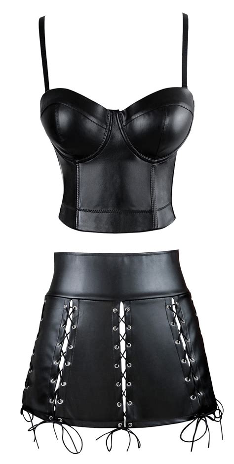 Sexy Black Faux Leather Bra Top And Punk Sexy Black Faux Leather Mini