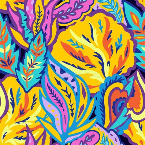 Colorful Seamless Pattern With Chaotic Floral And Psychedelic Abstract Elements Vector