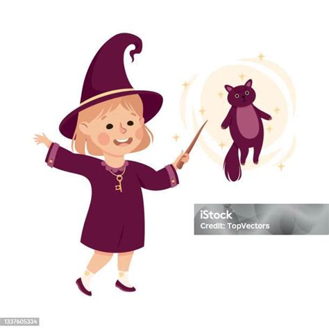 보라색 드레스와 뾰족한 모자를 쓰고 마법 지팡이 벡터 일러스트레이션과 마법을하고 마법을 입고 있는 어린 소녀 마녀 아이에 대한 스톡 벡터 아트 및 기타 이미지 Istock