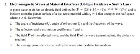 Solved 3 Electromagnetic Waves At Material Interfaces Oblique