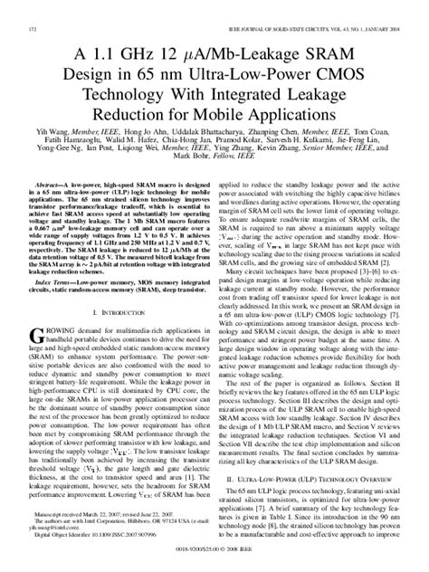 Pdf A 11 Ghz 12 Muamb Leakage Sram Design In 65 Nm Ultra Low