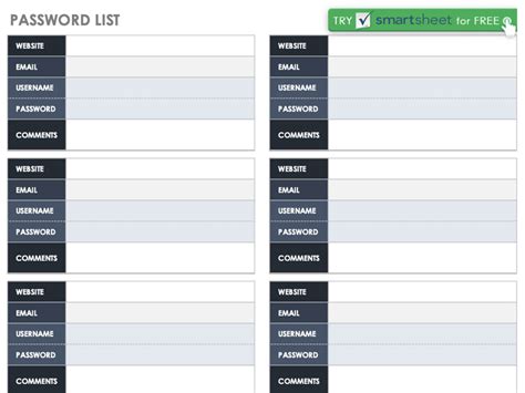 Password List Template ExcelTemplate