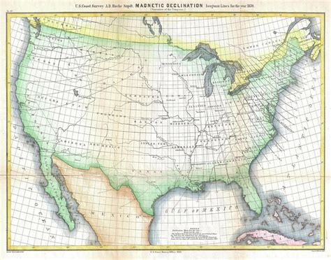 Vintage United States Magnetic Declination Map Drawing By