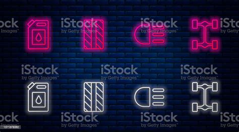 자동차 타이어 휠 하이 빔 모터 오일 및 섀시 자동차를위한 캐니스터를 설정합니다 벽돌 벽에 빛나는 네온 아이콘 벡터 가솔린에