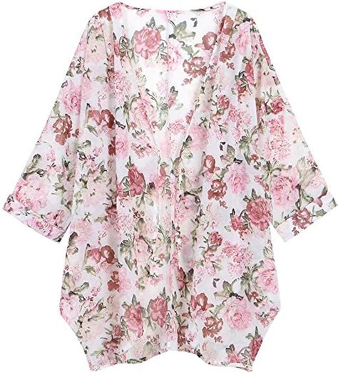 Olrain Womens Floral Print Sheer Chiffon 34 Bat Sleeve Casual Loose