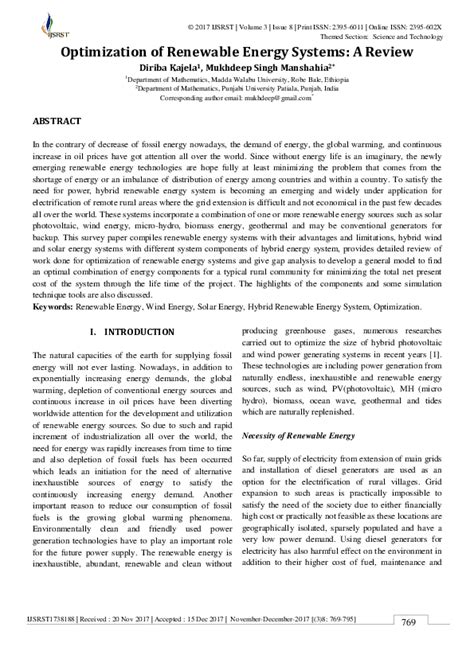 Pdf Optimization Of Renewable Energy Systems A Review