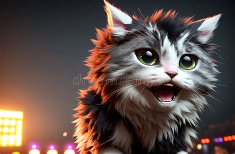 Fluffy Cat With Open Mouth Puss With Disheveled Fur Yelling
