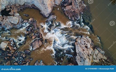 Beautiful Arial Drone View Of Water Spring Passing Through Rocks In Nature Landscape Hd Stock
