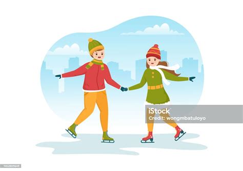 야외 활동이나 스포츠 레크리에이션을 위해 겨울 옷을 입고 아이스링크에서 스케이트를 타는 사람들은 평평한 만화 손으로 그린 템플릿 그림 겨울에 대한 스톡 벡터 아트 및 기타