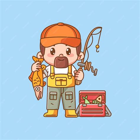 귀여운 시 상자 물고기 카와이 치비 캐릭터 마스코트 일러스트레이션 윤 스타일 디자인 프리미엄 벡터