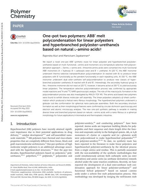Pdf One Pot Two Polymers Abb Melt Polycondensation For Linear Polyesters And Hyperbranched