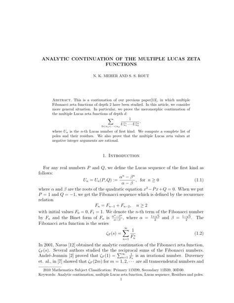 Pdf Analytic Continuation Of The Multiple Lucas Zeta Functions