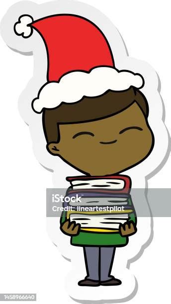 산타 모자를 쓰고 책 더미를 가진 웃는 소년의 손으로 그린 스티커 만화 귀여운에 대한 스톡 벡터 아트 및 기타 이미지 귀여운 낙서 드로잉 남자 Istock