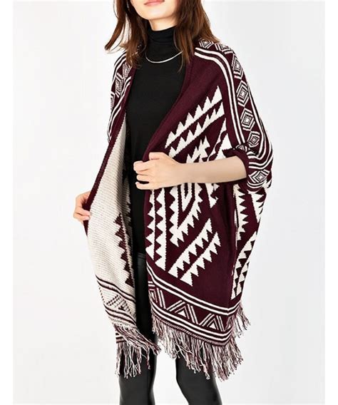 Womens Poncho Sweater Sleeves Wine Base And Beige Aztec Pattern