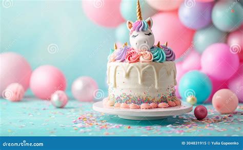 Birthday Unicorn Cake With Condles Balloons Confetti On Minimalist