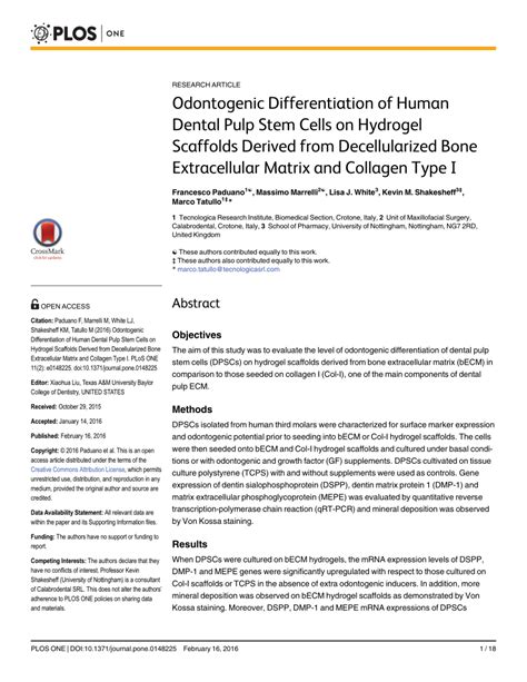 Pdf Odontogenic Differentiation Of Human Dental Pulp Stem Cells On Hydrogel Scaffolds Derived