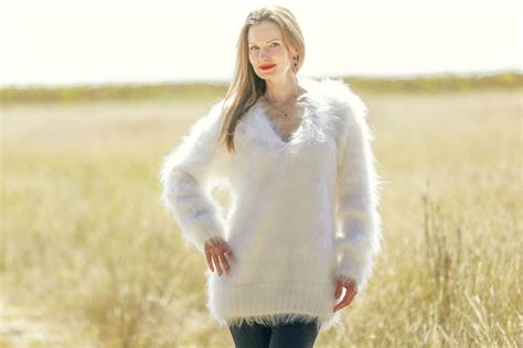 White V Neck Mohair Sweater By Supertanya Ready To Ship Size L Xl