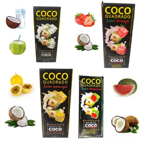 Agua De Coco Quadrado Sabores Morango Melancia Maracuja Coco 10X200 Ml
