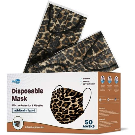 Disposable Face Masks 3 Ply Individually Wrapped 50ct Leopard