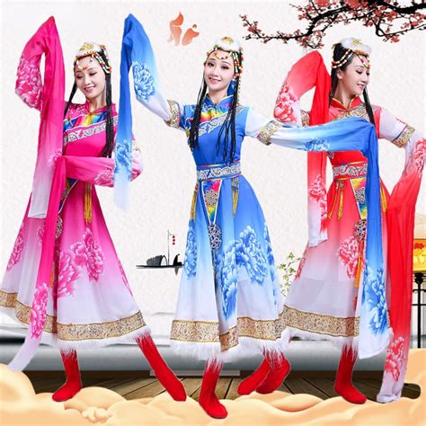 몽골 전통의상 델 원단 몽골리아 티베트 옷감 전통 민속 무용 의상 중국 워터슬리브 여성 클래식 국립 드레스 티몬