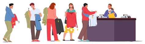 다양한 사람들 옷 구매 패션 매장 계산원 책상 벡터 일러스트 레이 션에서 줄을 서고 있습니다 계산대에 대한 스톡 벡터 아트 및 기타 이미지 Istock