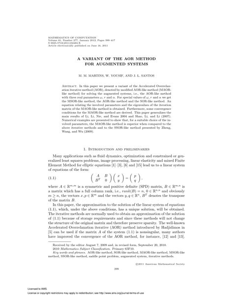 Pdf A Variant Of The Aor Method For Augmented Systems