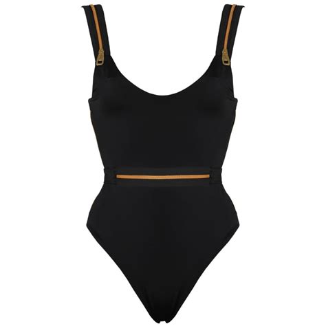 Ripple High Leg One Piece Swimwear With Zip Details In Black