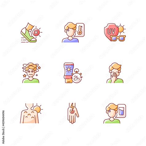 Sunstroke Prevention Rgb Color Icons Set Heatstroke Symptoms Avoid Uv Rays To Prevent